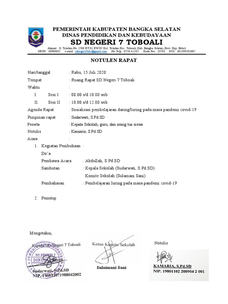 Notulen Kerja Sama Sekolah Dengan Orang Tua Siswa THN 2020 | PDF