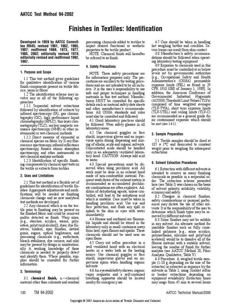 Finishes in Textiles: Identification: AATCC Test Method 94-2002 ...
