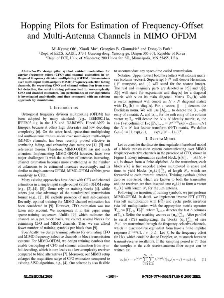 Hopping Pilots For Estimation of Frequency-Offset and Multi-Antenna Channels in MIMO OFDM | PDF ...