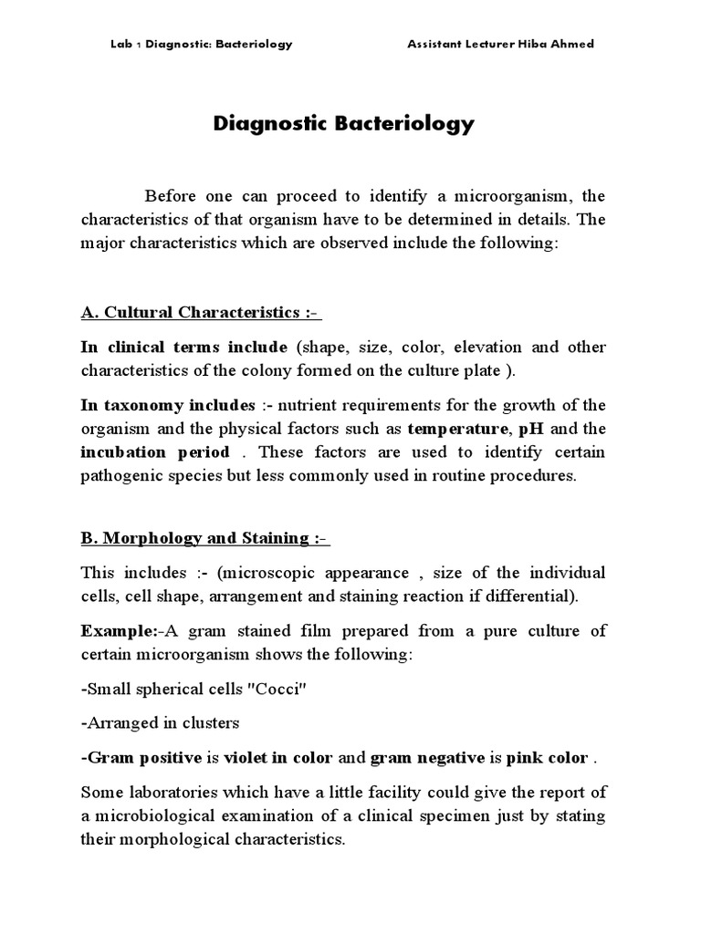 Lab 1 Diagnostic: Bacteriology Assistant Lecturer Hiba Ahmed | PDF | Growth Medium | Bacteria