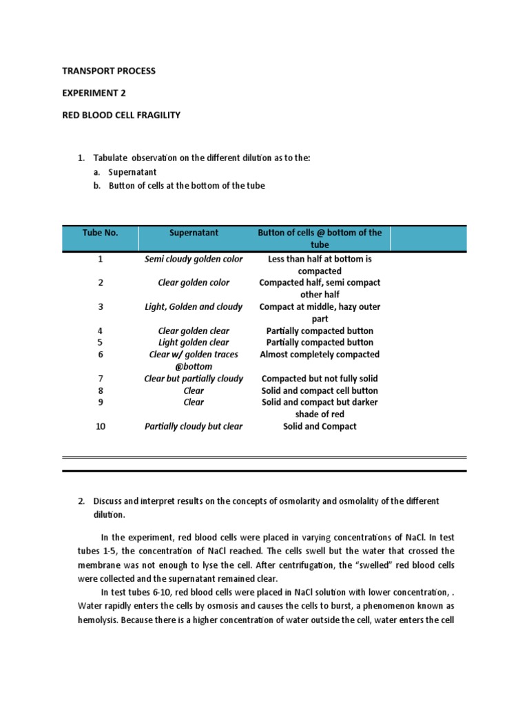 Transport Process Experiment 2 Red Blood Cell Fragility | PDF | Osmosis ...