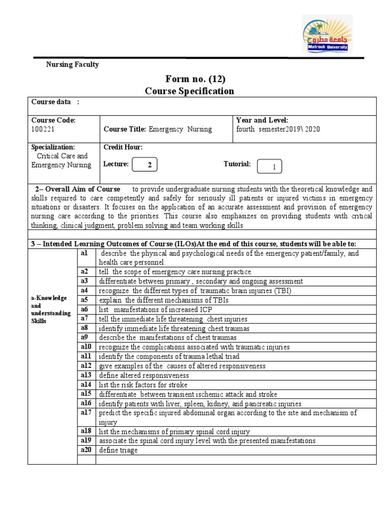 Course Specification Template Emergency | PDF | Medicine | Health Sciences