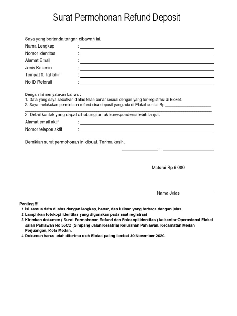 E-Loket - Formulir Refund Deposit | PDF