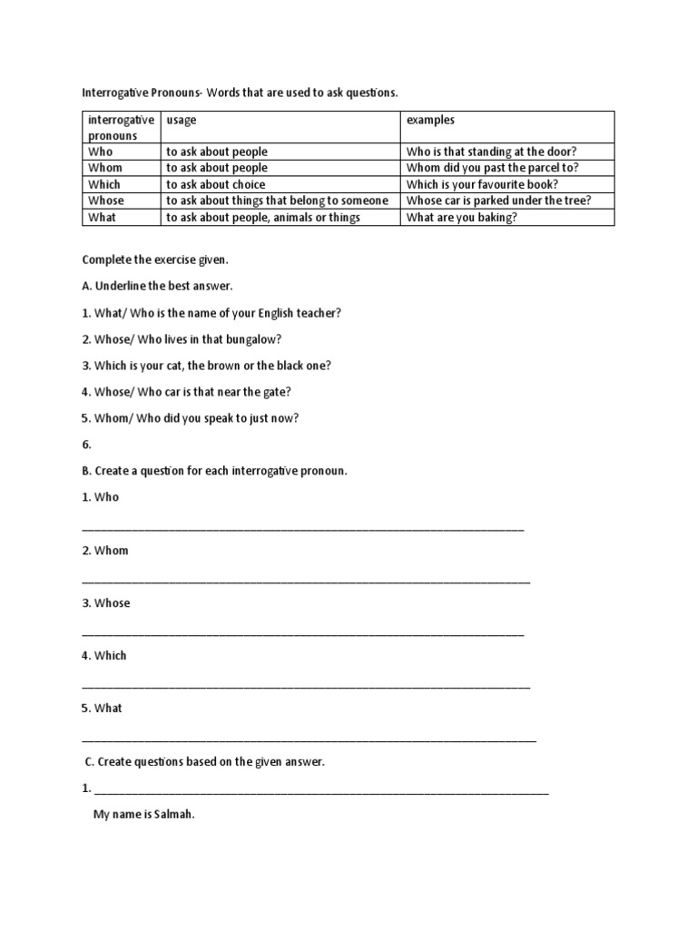 Interrogative Pronouns Worksheet Y5 | PDF | Semiotics | Morphology