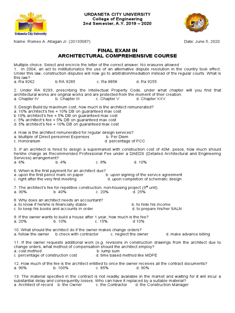 Final Exam in Architectural Comprehensive Course | PDF | Architect ...