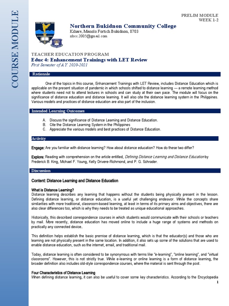 COURSE MODULE - Educ4 - PRELIM Week 1 | PDF | Distance Education ...