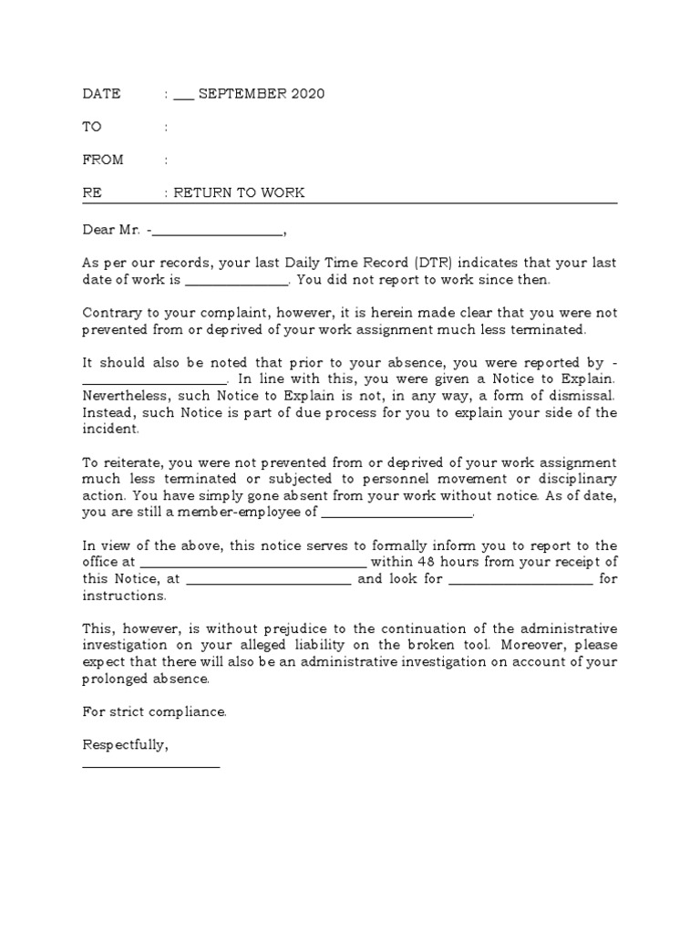 Return To Work Notice - Form | PDF