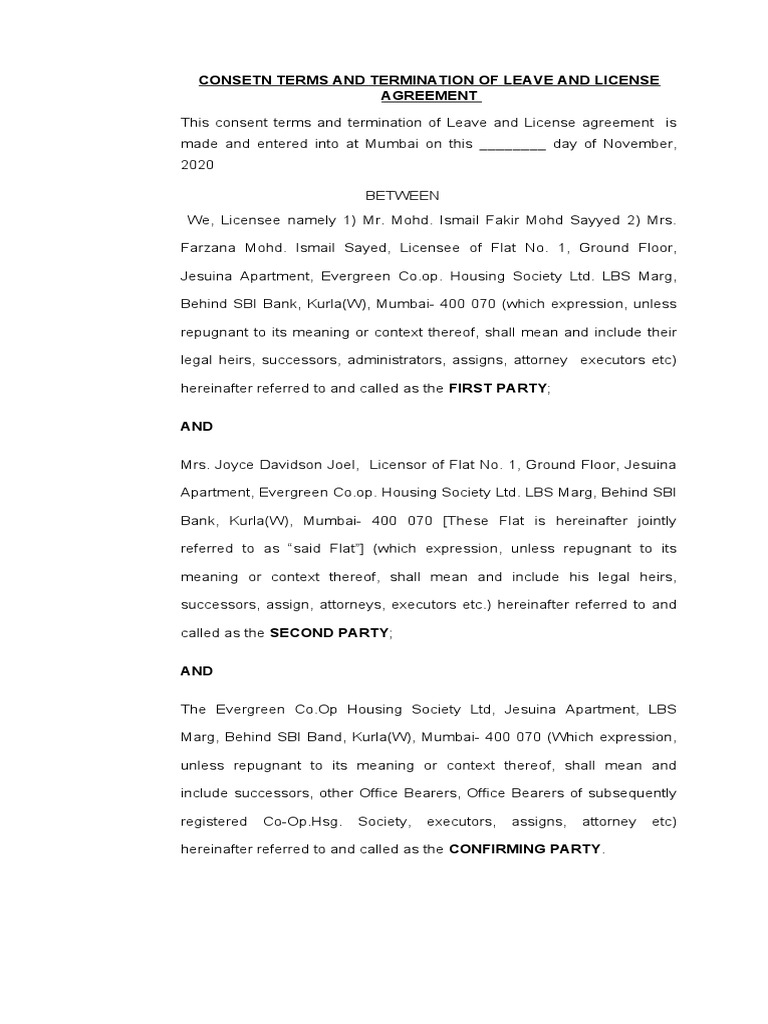 Consetn Terms and Termination of Leave and License Agreement | PDF ...