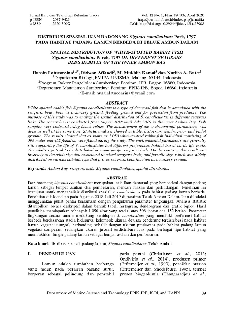 DISTRIBUSI SPASIAL IKAN BARONANG Siganus Canalicul PDF | PDF ...