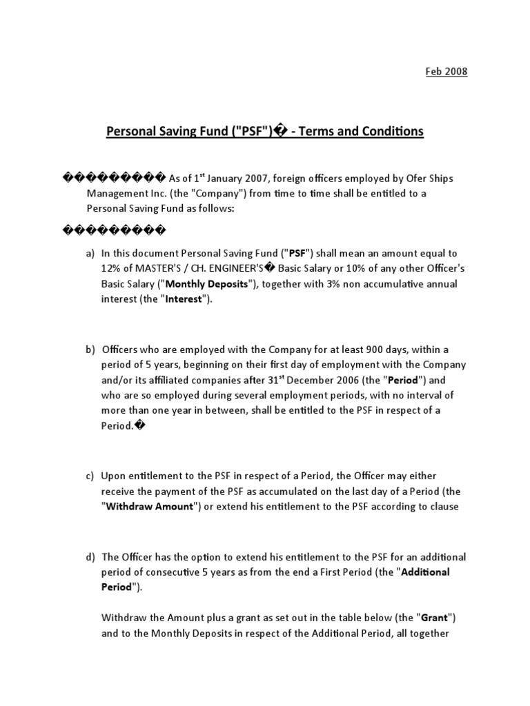 Personal Saving Fund ("PSF") - Terms and Conditions: Period") | PDF ...