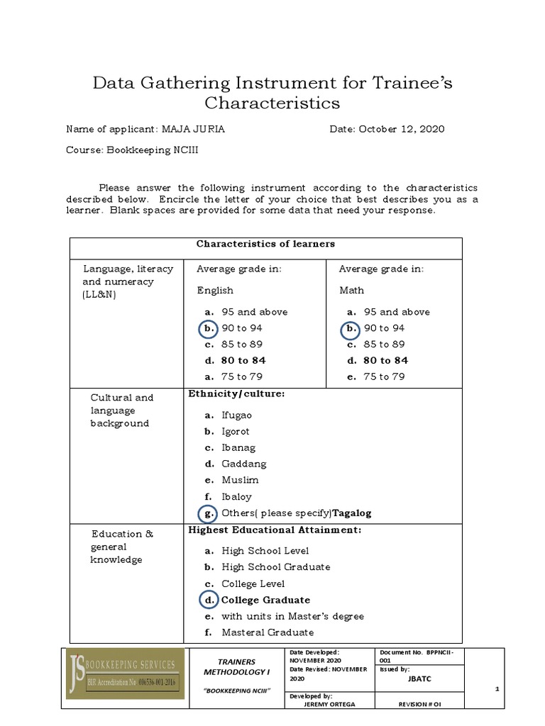 Data Gathering Instrument For Trainee and Self-Assessment Check of Advance and Beginner Trainees ...