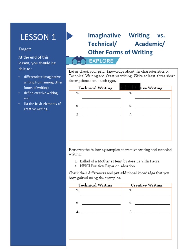 Lesson 1: Imaginative Writing vs. Technical/ Academic/ Other Forms of ...