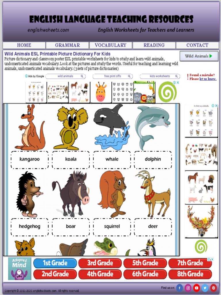Wild Animals ESL Printable Picture Dictionary For Kids | PDF