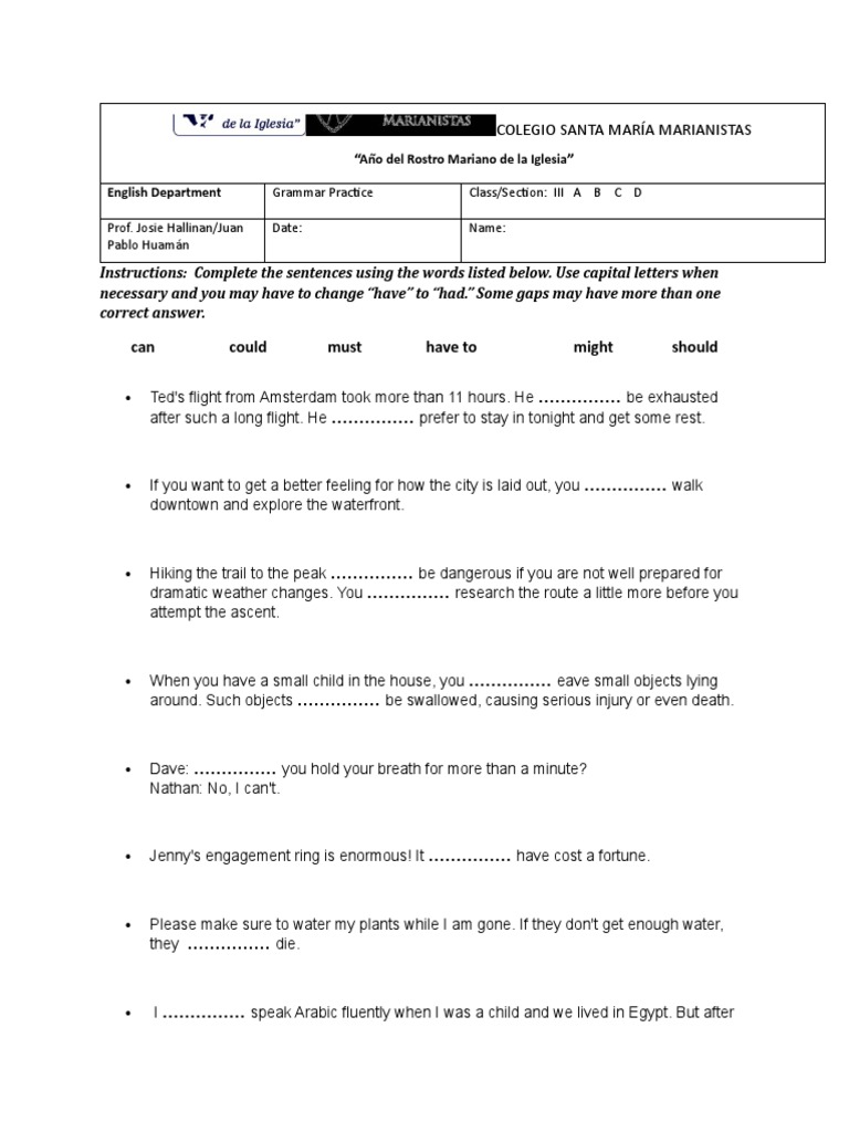 Can Could Must Have To Might Should | PDF