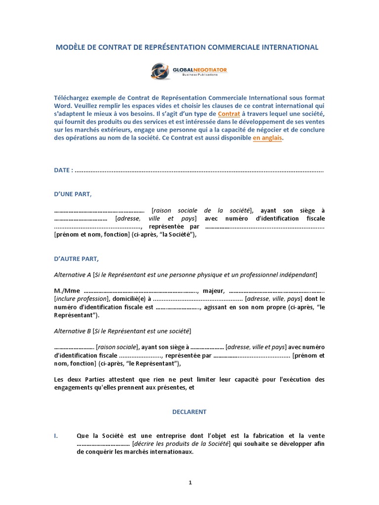 Modele Contrat Representation Commerciale International Exemple | PDF ...
