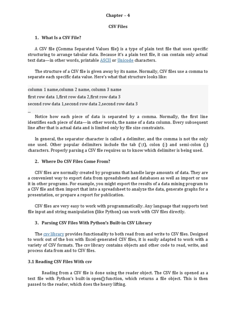 Ascii Unicode: Chapter - 4 CSV Files 1. What Is A CSV File? | PDF ...