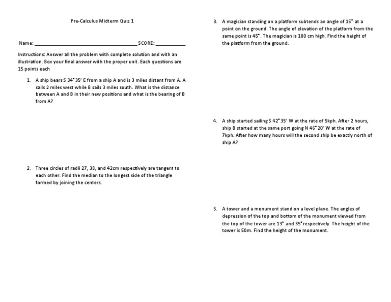 Pre-Calculus Quiz 1 | PDF