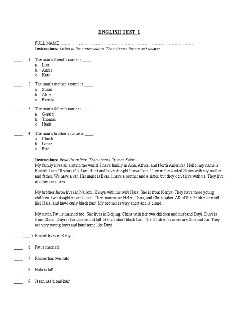 English Test I: Instructions: Listen To The Conversation. Then Choose ...