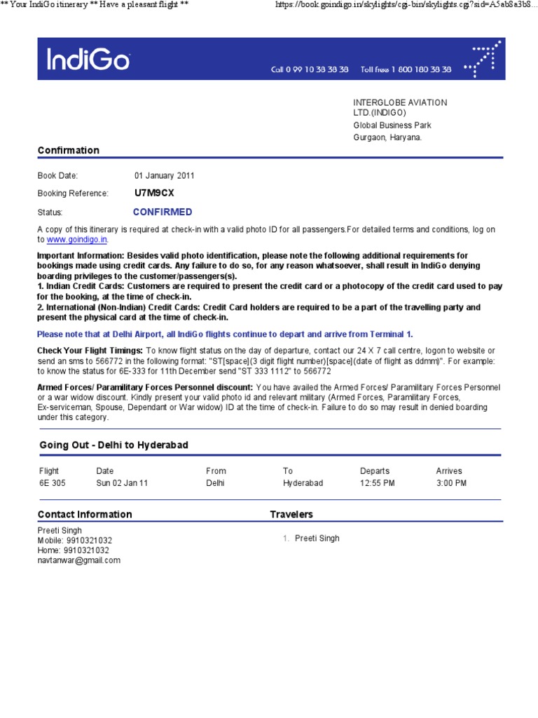 Preeti Singh - Your IndiGo Itinerary - . | PDF | Fee | Airlines
