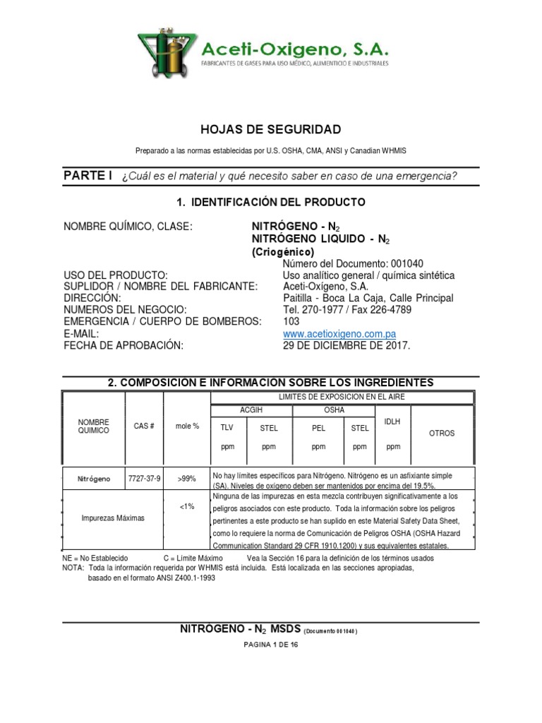 MSDS Nitrogeno | PDF | Oxígeno | Nitrógeno