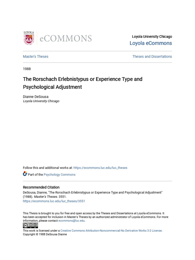 The Rorschach Erlebnistypus or Experience Type and Psychological PDF ...