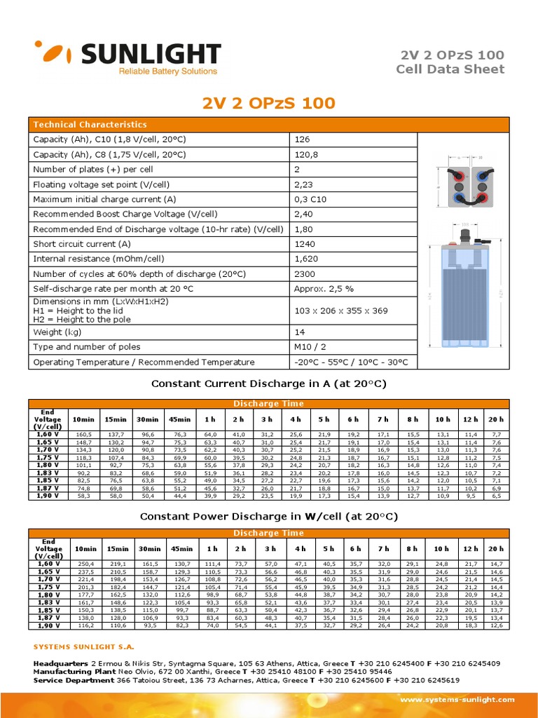 2V 2 OPzS 100 Data Sheet | PDF | Electrical Components | Physical Quantities