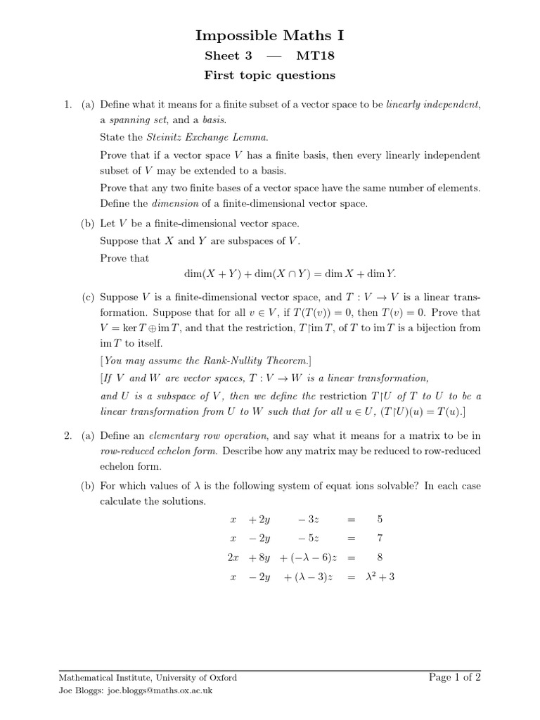 Impossible Maths I: Sheet 3 - MT18 First Topic Questions | PDF | Basis ...
