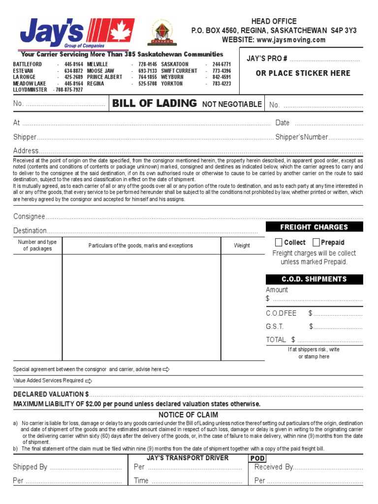 Bill of Lading for Jay's Moving | PDF | Cargo | Freight Transport