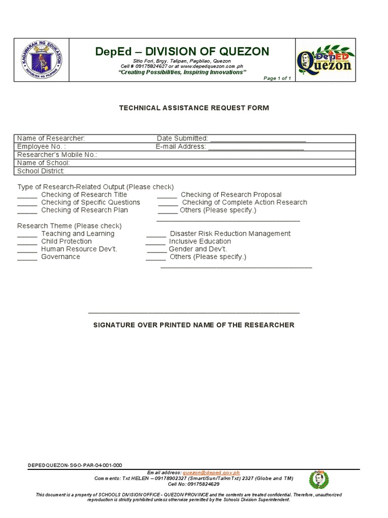 Deped - Division of Quezon: Technical Assistance Request Form | PDF