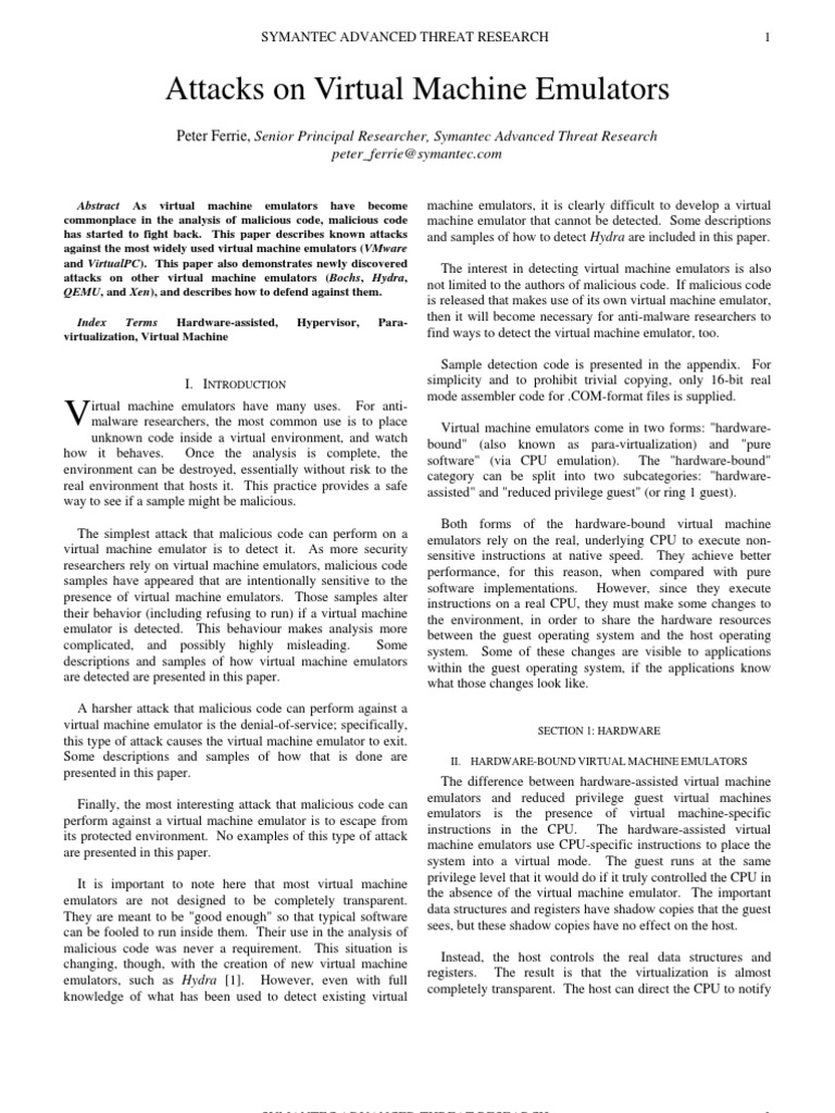 Attacks on Virtual Machine Emulators: Analyzing Methods of Detecting ...