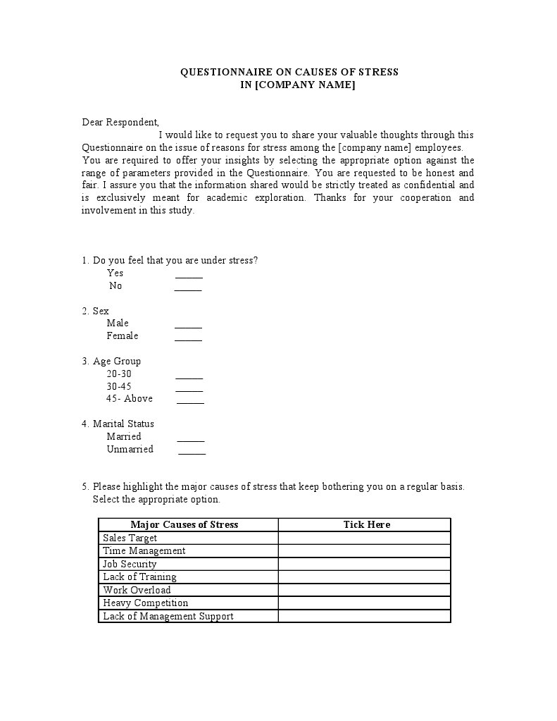 Questionnaire On Causes of Stress | PDF