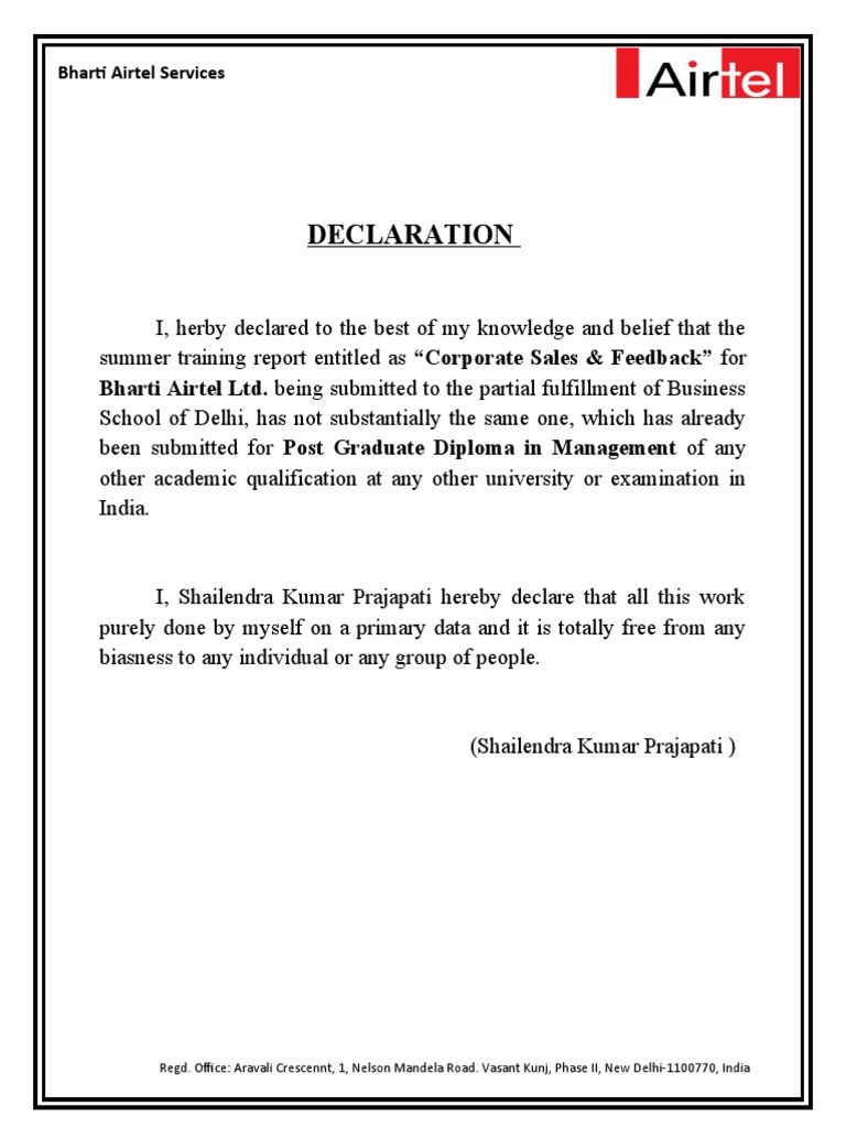 Declaration: Bharti Airtel Ltd. Being Submitted To The Partial ...