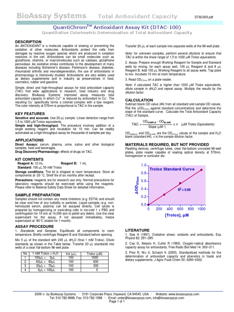 Bioassay Systems: Quantichrom Antioxidant Assay Kit (Dtac-100) | PDF ...