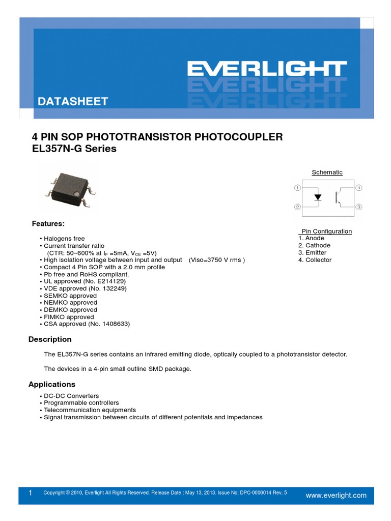 4 Pin Sop Phototransistor Photocoupler EL357N-G Series: Features | PDF | Electrical Engineering ...
