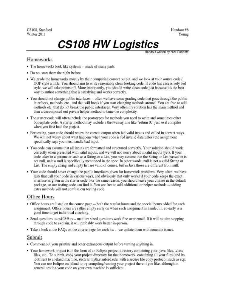 CS108 HW Logistics: Homeworks | PDF | Java (Programming Language) | Interface (Computing)