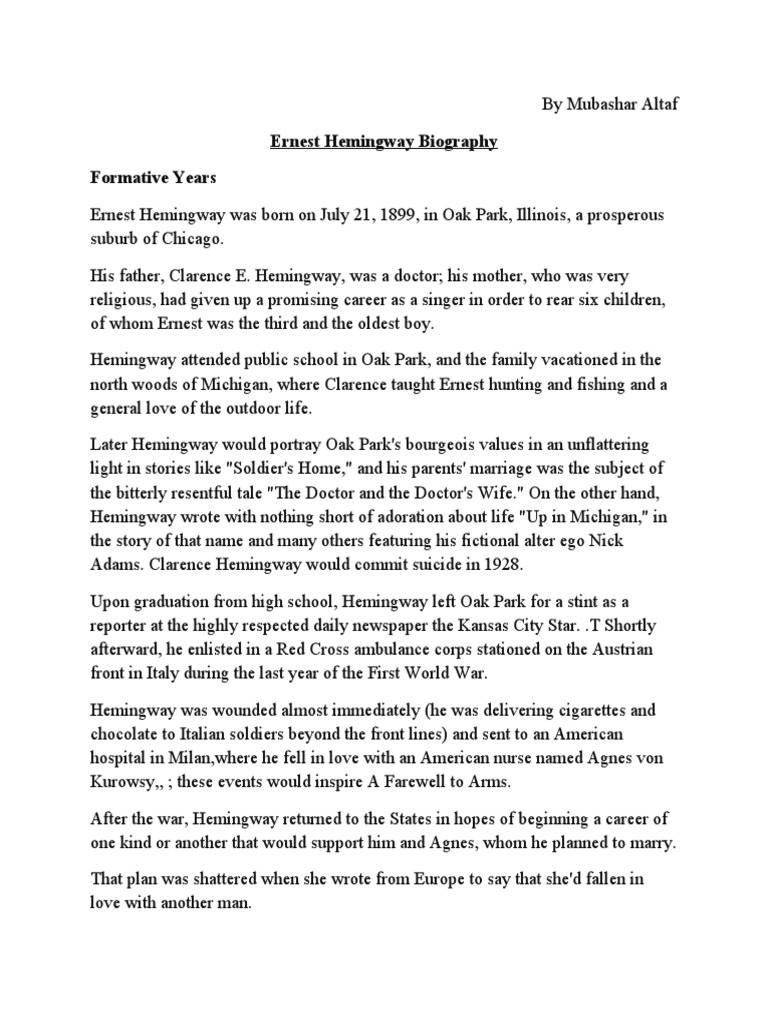 Ernest Hemingway Biography Formative Years | PDF | Ernest Hemingway | Books