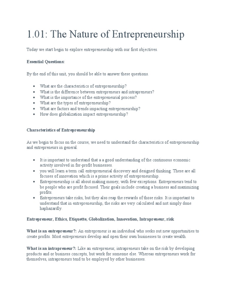 1.01 Nature of Entrepreneurship | Download Free PDF | Entrepreneurship ...
