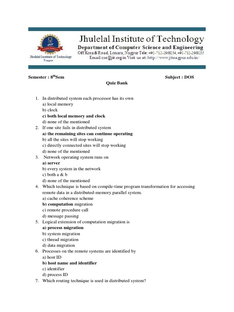 Semester: 8 Sem Subject: DOS Quiz Bank | PDF | Replication (Computing) | Distributed Computing