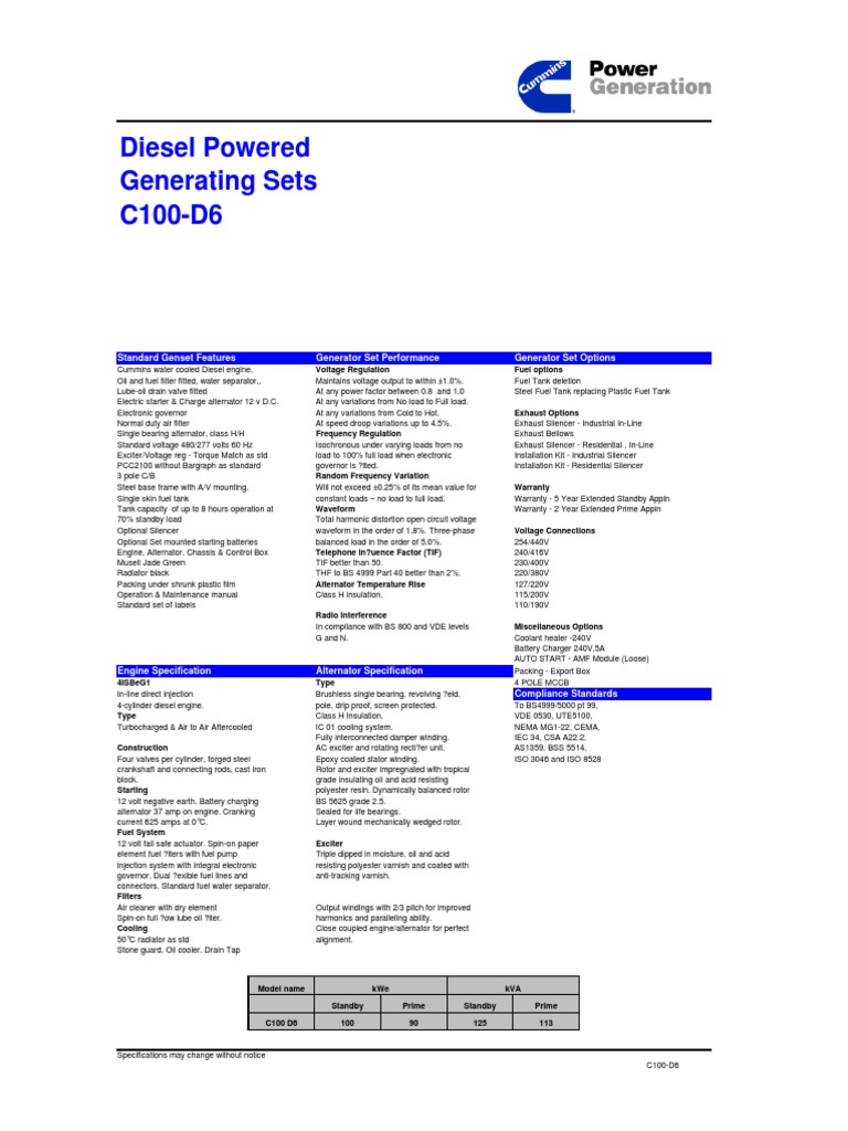 Diesel Powered Generating Sets C100-D6: Standard Genset Features ...