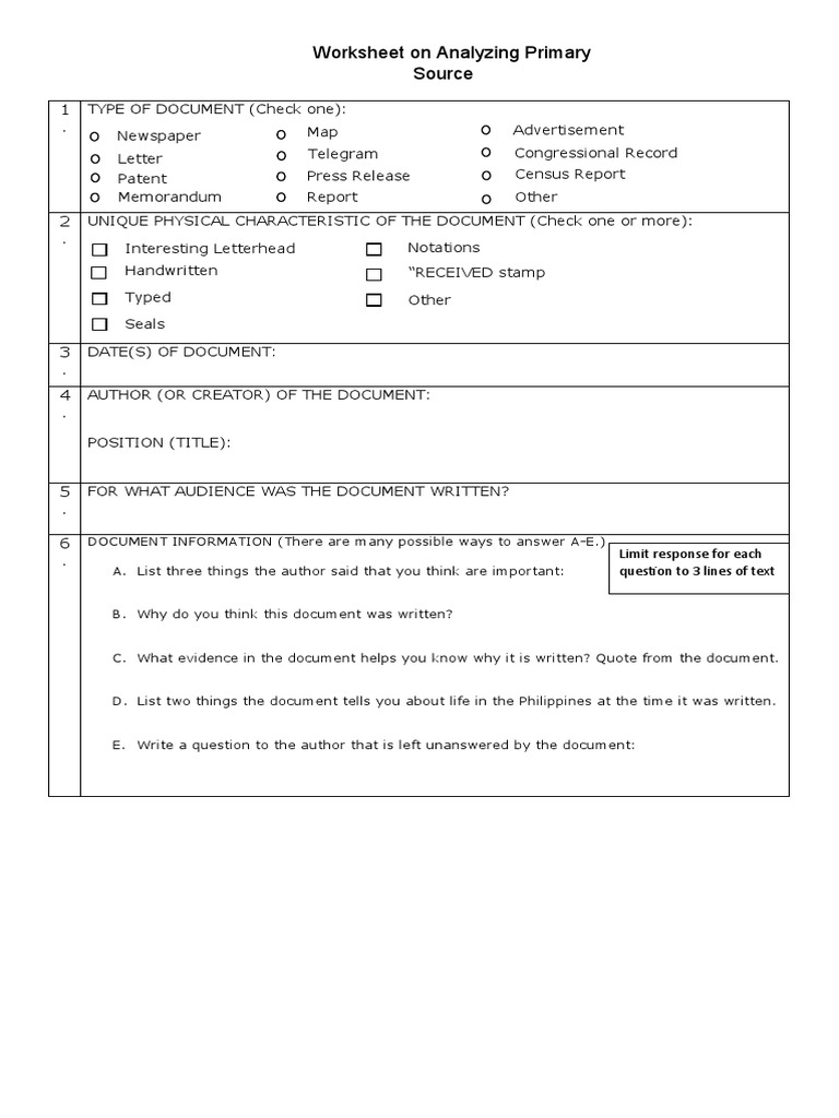 Worksheet On Analyzing Primary Source | PDF