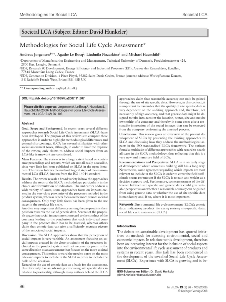 Methodologies For Social Life Cycle Assessment | PDF | Business
