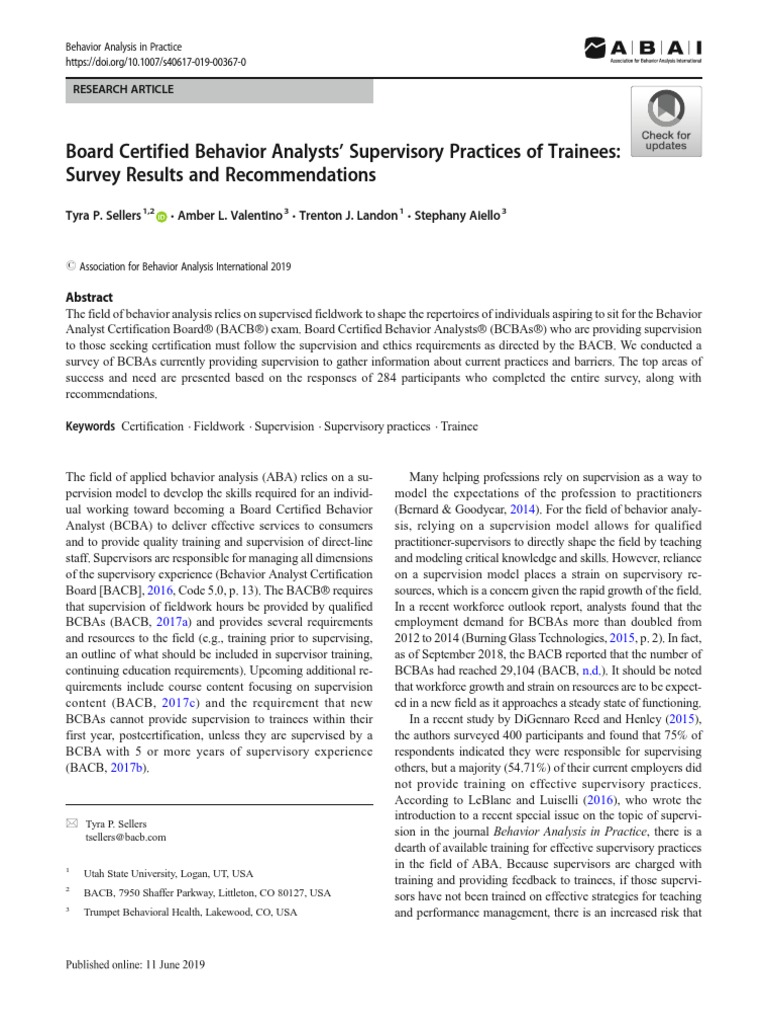 Board Certified Behavior Analysts ' Supervisory Practices of Trainees ...