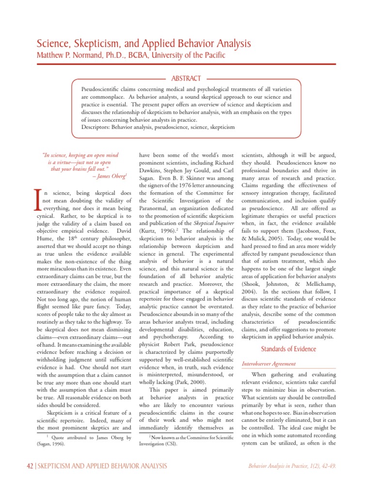 Scientific Skepticism in Applied Behavior Analysis: Promoting an ...