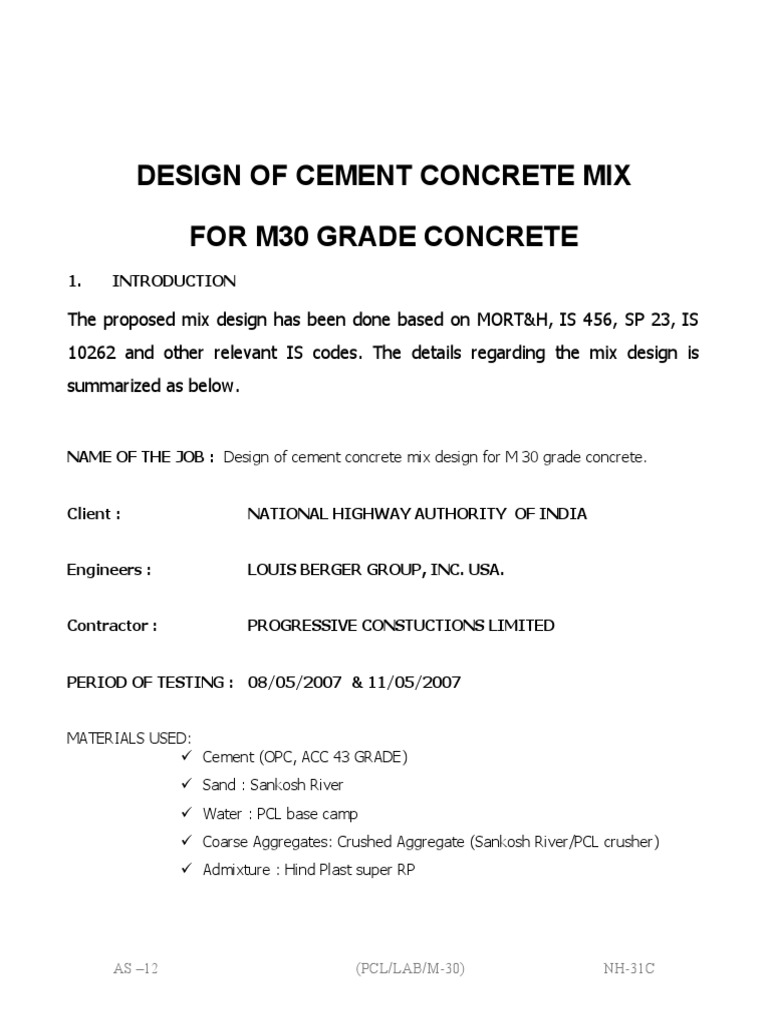 Design of Cement Concrete Mix For M30 Grade Concrete | PDF | Concrete ...