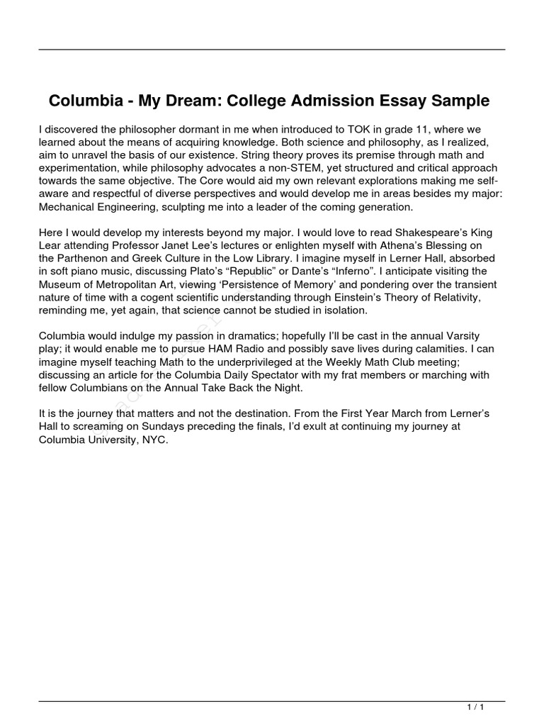 Columbia My Dream College Admission Essay Sample PDF | PDF | Columbia ...
