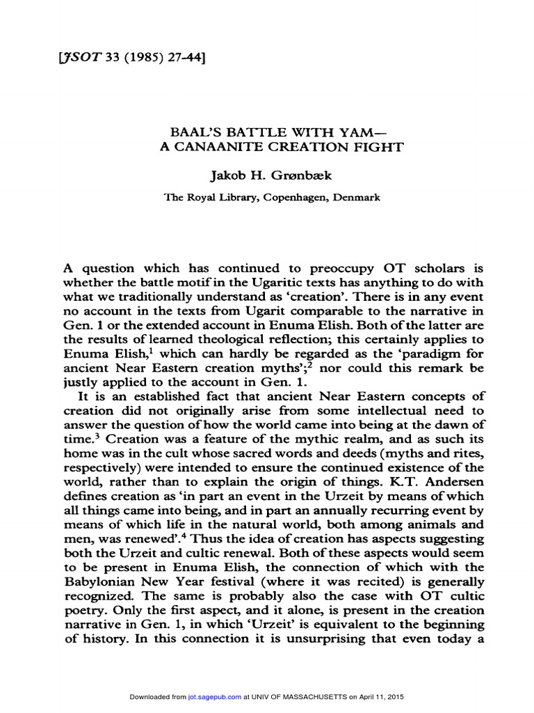 Baal's Battle With Yam: A Canaanite Creation Myth or an Integral Part ...