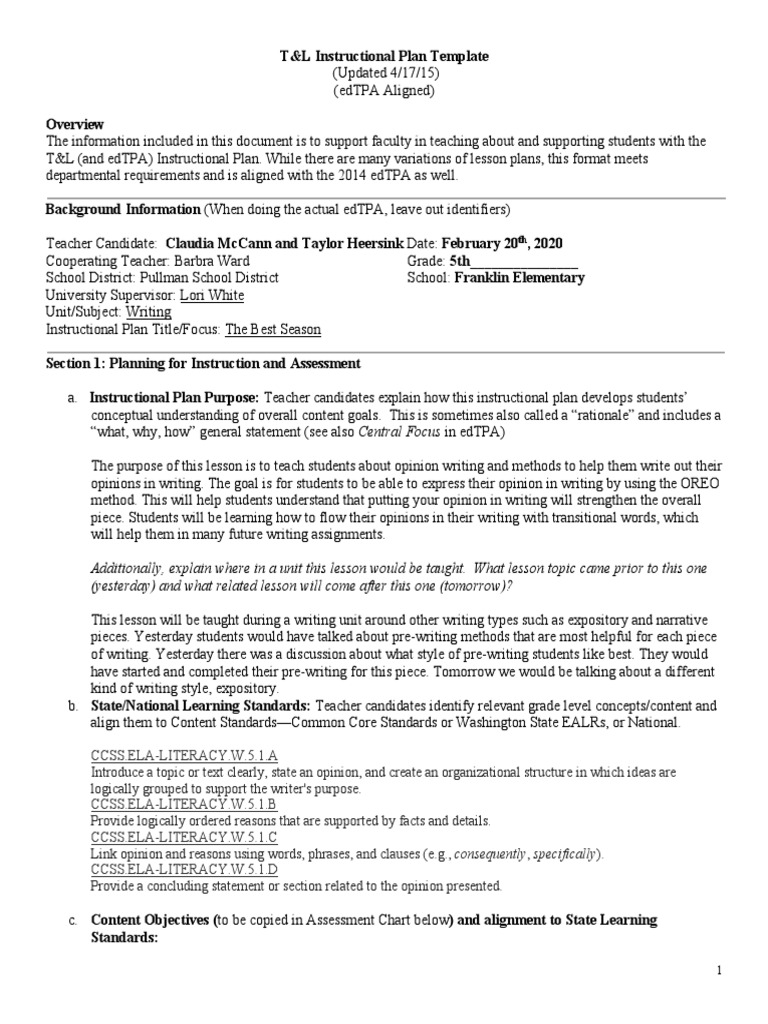 Writing Lesson Plan Template Edtpa-Aligned Baw-4 | PDF | Educational ...