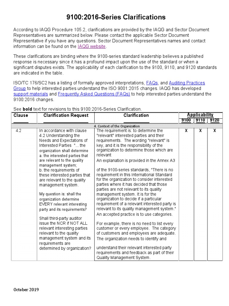 9100-2016 Series Clarification Table 10-2019 | PDF | Calibration ...