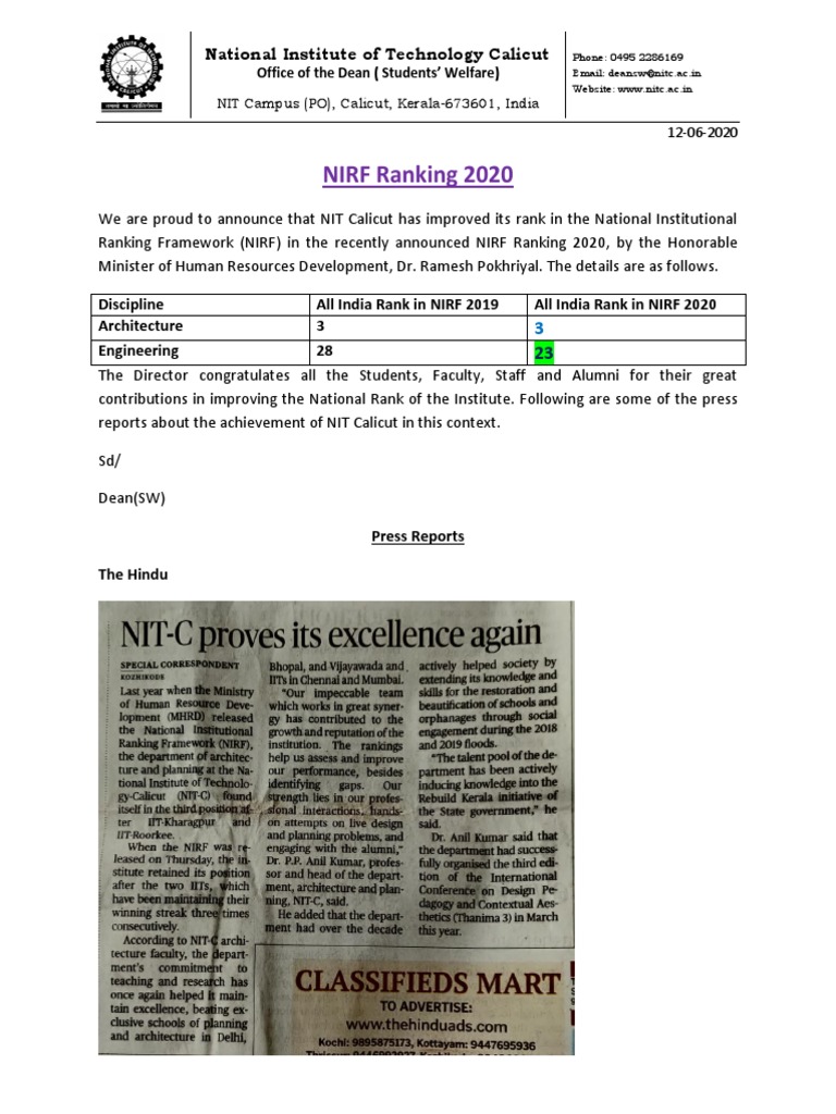 NIT Calicut Improves National Rankings in Architecture and Engineering ...