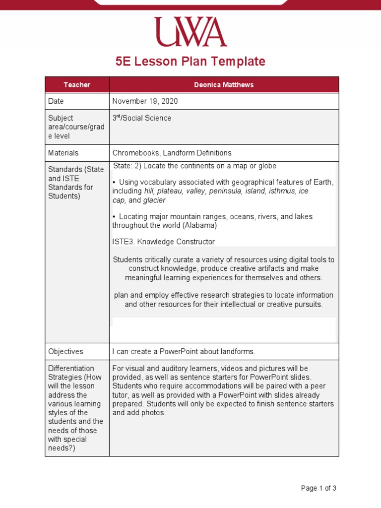 5E Lesson Plan Template: Teacher Deonica Matthews | PDF | Lesson Plan ...